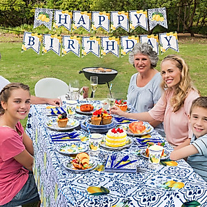 Potchen 194 Pcs Capri Lemon Birthday Party Supplies Lemon Disposable Tableware Set Capri Lemon Banner Paper Plates Napkins Cups Cutlery Tablecloth for Bridal Shower Party Decor, Serves 24 Guests