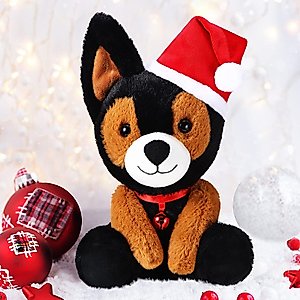 Threan 8 Inch Christmas Stuffed Animal Christmas Plush Doll with Santa Hat for Holiday Decoration Winter Gifts(Dog Style)