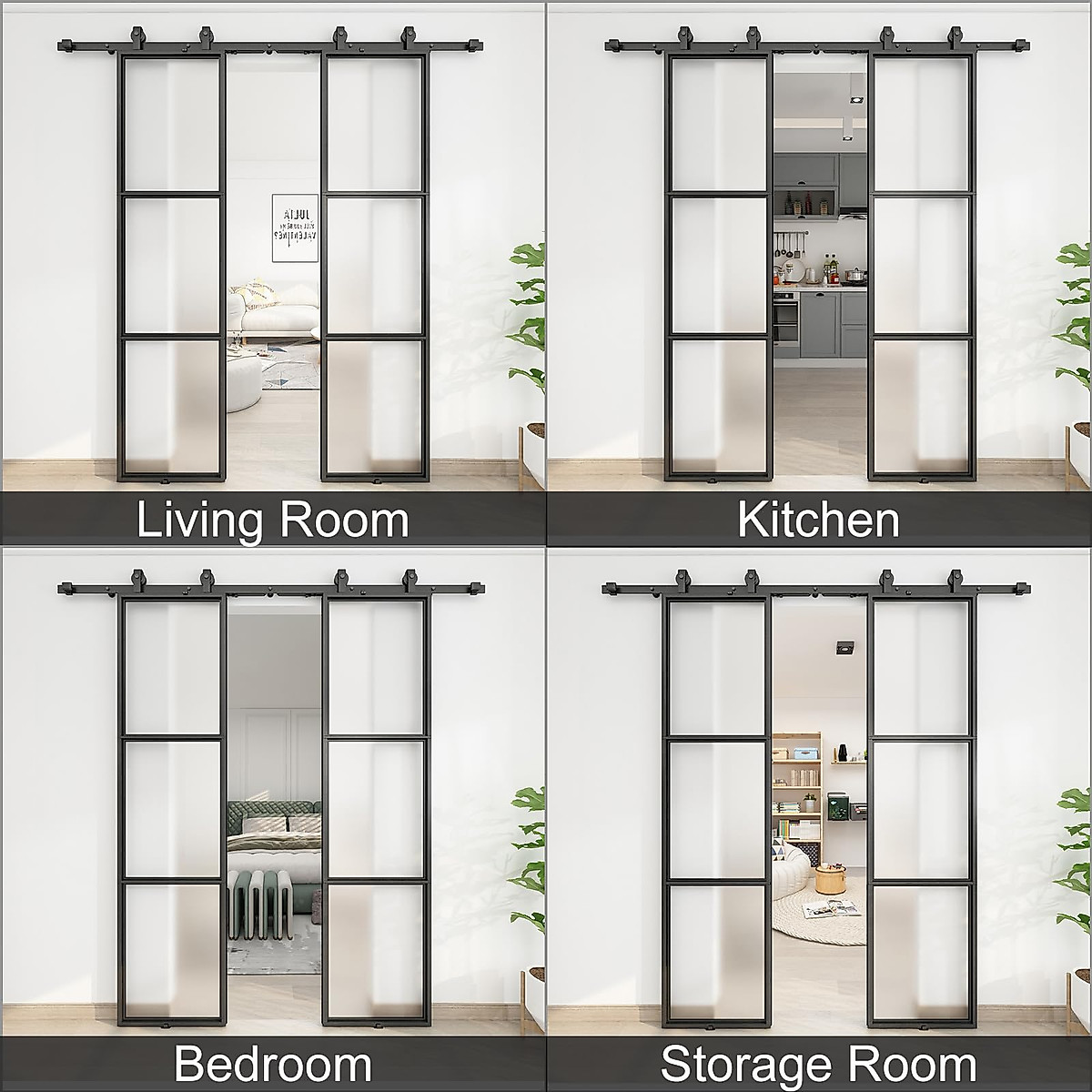 JUBEST 36 x 84 Inch Double Barn Door with 6FT Hardware Kit and Soft Close Mechanism Include, 2 Sets of 18in x 84in 3-Paneled Frosted Glass with Carbon Steel Frame Barn Door, Easy to Install