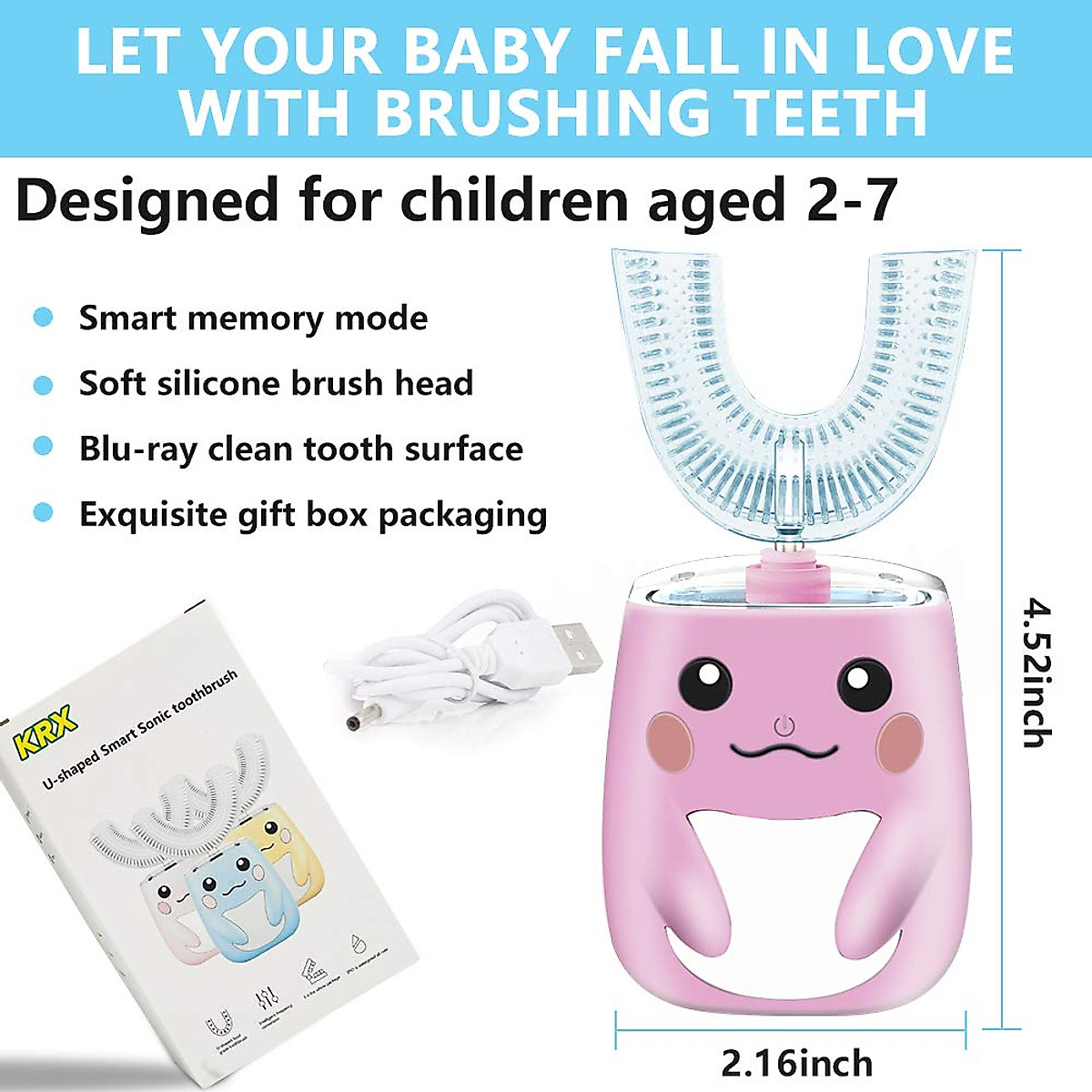 Kids U Shape Electric Toothbrushes Ultrasonic Whole Mouth Auto Toothbrush with 6 Cleaning Modes 2 Brush Heads Brushing Timer Lights IPX7 Waterproof Rechargeable Cartoon Design for Ages 2-6