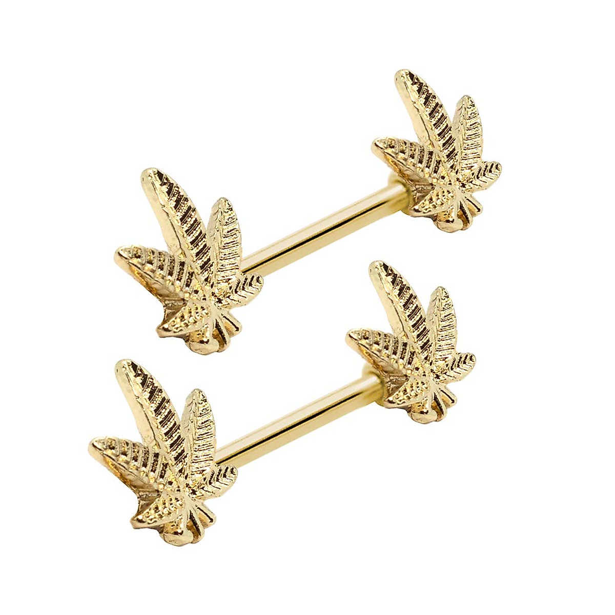 Pierce2GO 2 Pcs 14G Gold Marijuana Leaf Nipplerings Piercing Women Nipple Rings - 9/16" Barbell (Gold)