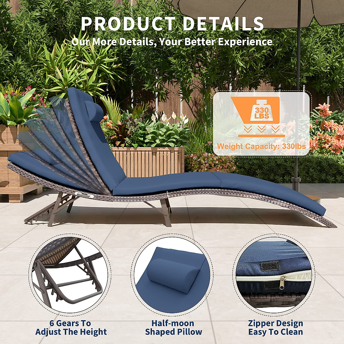 ALAULM Pool Lounge Chairs Outdoor Adjustable Chaise Lounge Chairs w/Sponge Cushion,2 Foldable & Portable Chairs and 1 Table for Poolside Patio Courtyard Seaside,Dark Blue