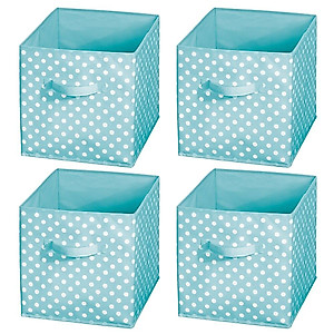 mDesign Soft Fabric Closet Storage Organizer Cube Bin Box, Handle - Storage for Baby Child/Kids Room, Nursery, Toy Room, Furniture Units, Shelf, 4 Pack - Turquoise/White Polka Dots