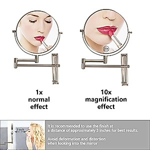 10 times magnification makeup mirror, wall-mounted makeup mirror can be moved up and down 8-inch bathroom double-sided mirror 360-degree rotation, 180-degree retractable folding brushed nickel