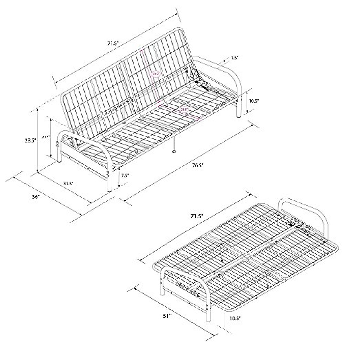 DHP Vermont Metal Futon Frame, Classic Design, Full Sized - Black