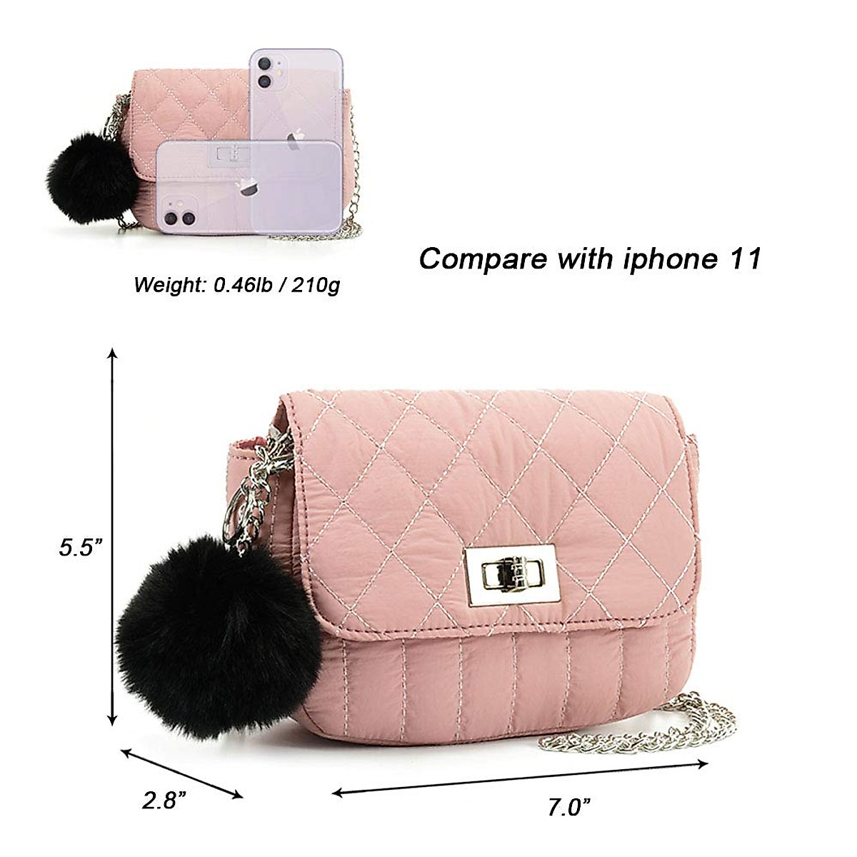 GLITZALL Cute Purses for Teen Girls Small Purse and Quilted Crossbody Bags for Women with Chain Strap, Nylon Lightweight, 8”