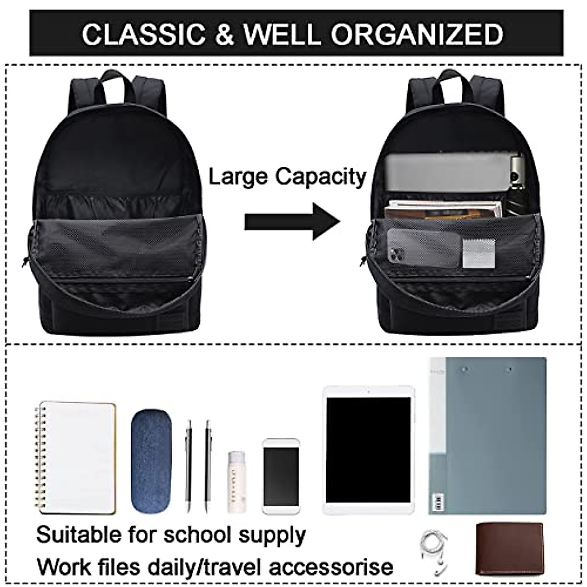 SUPACOOL Lightweight Casual Laptop Backpack with USB Charging Port and Set of 8 Black Travel Mesh Organizer Bags