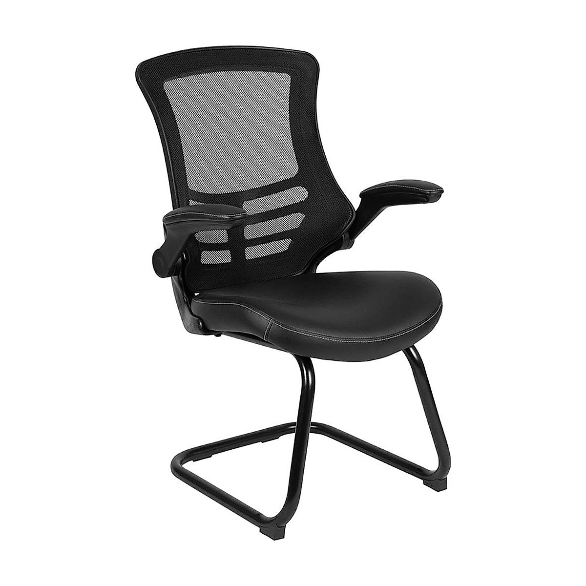 Flash Furniture Kelista Black Mesh Sled Base Side Reception Chair with White Stitched LeatherSoft Seat and Flip-Up Arms