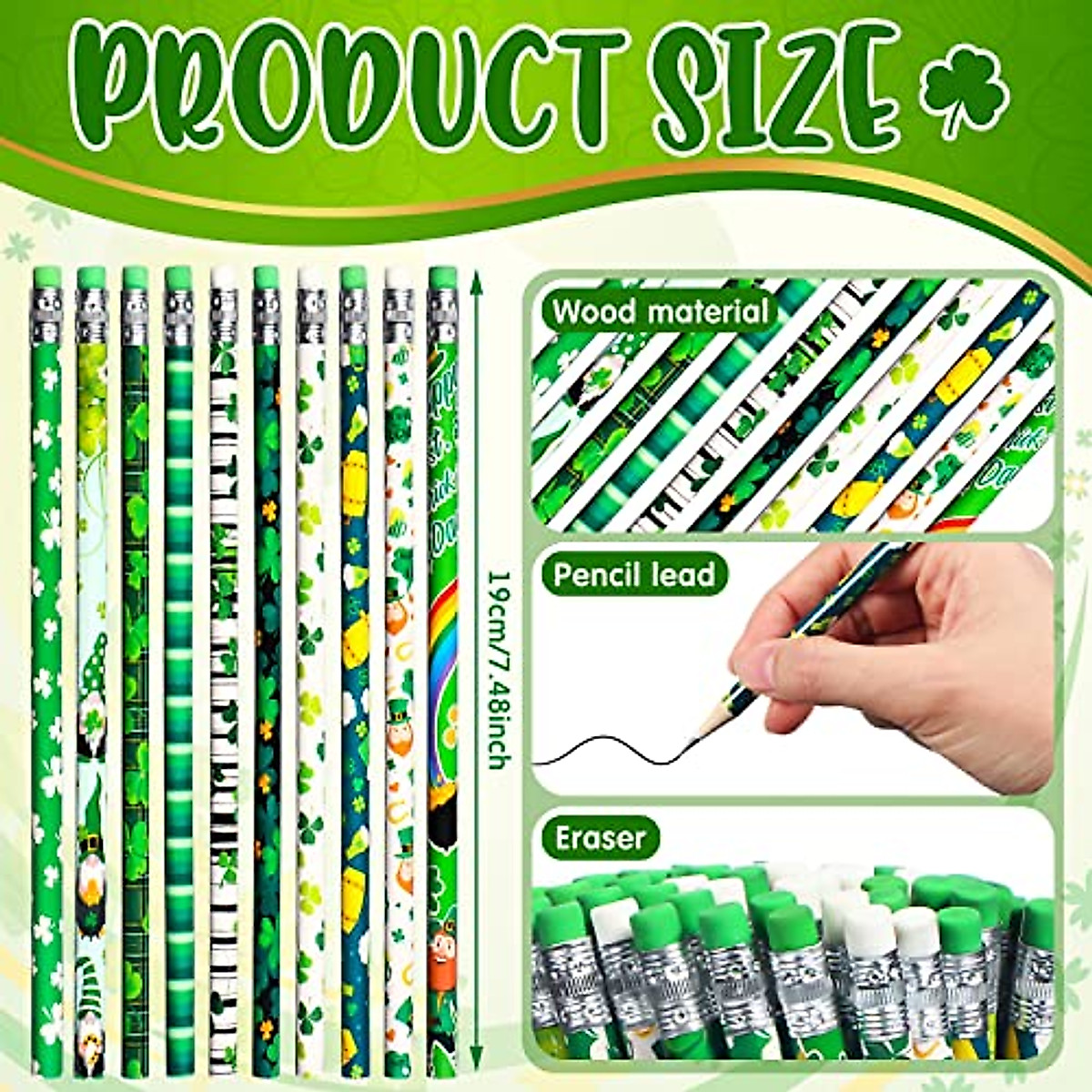 St Patrick's Day Pencils with Eraser Wood Shamrock Pencils Lucky Shamrock School Pencils Cute Green Pencils for St Patrick's Day Party Kids Awards Classic Holiday School Supplies (40)
