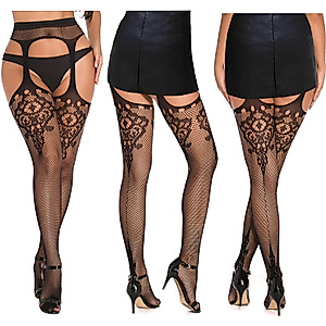 SOUTHRO 5 Pairs Black Thigh High Stockings Patterned Tights-Fishnet/Net,Garter Belts Set & Suspender Pantyhose for Women