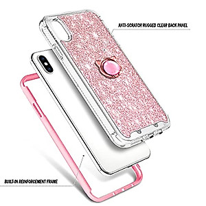 NGB Supremacy Compatible with iPhone X/iPhone Xs Case with [Built-in Screen Protector] Ring Holder/Wrist Strap, Full Body Protection, Slim Fit Shockproof Bumper Durable Cover Case (Glitter Rose Gold)