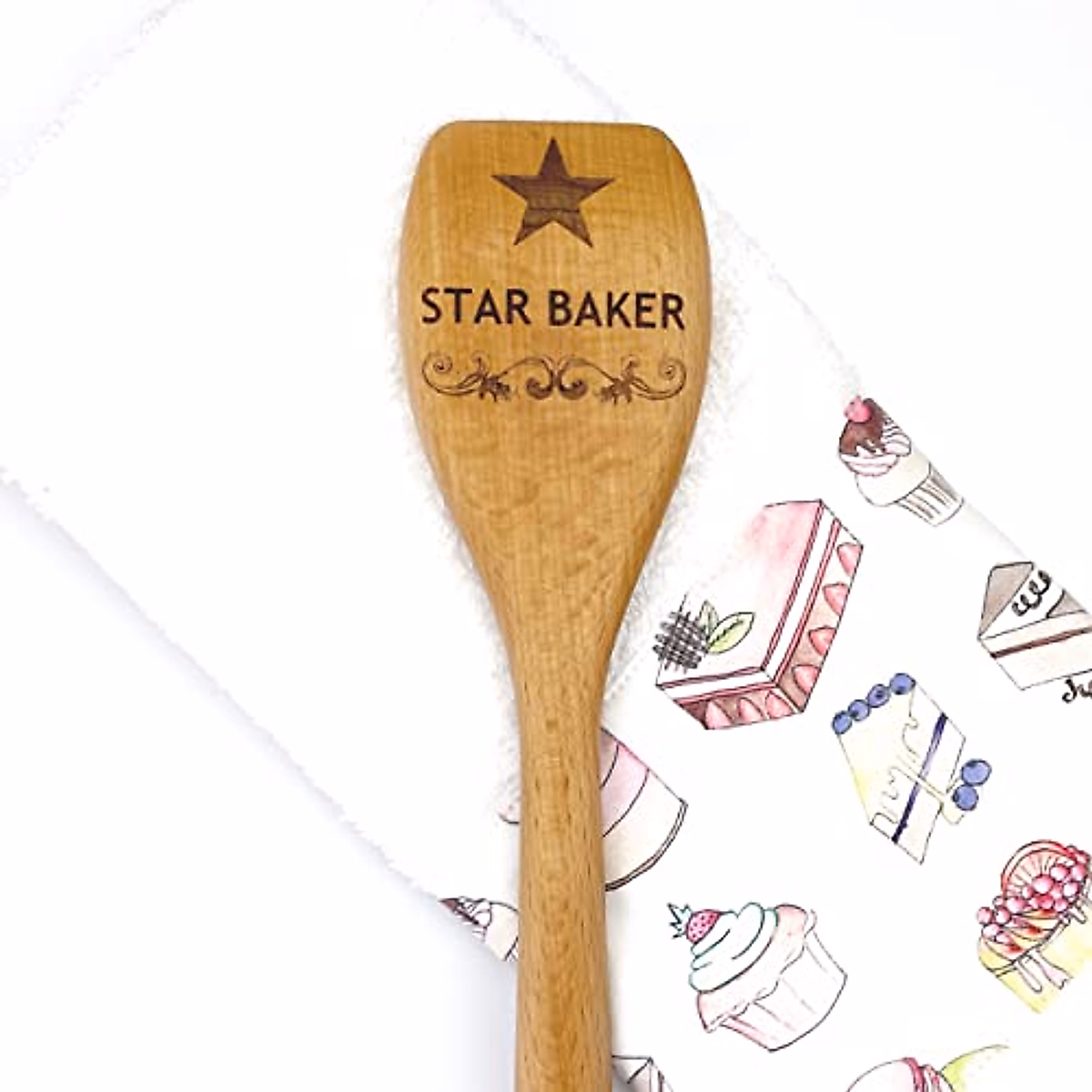 Star Baker Wooden Spoon Dishtowel Set, Laser Engraved Spoon Towel Gift Set, Star Baker Baking Gift for Baking Show Fans, Pastry Dishtowel, Baking Gift for Bakers, Personalization Optional