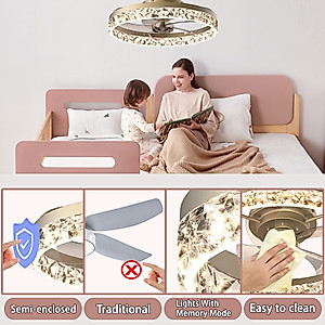 QUMFIXPU 19.7 inch Low Profile Ceiling Fan with Light, Flush Mount Remote Control Timing and Dimmable LED Fan Light, 6 Wind Speed 5 Reversible Invisible Blades,Gold
