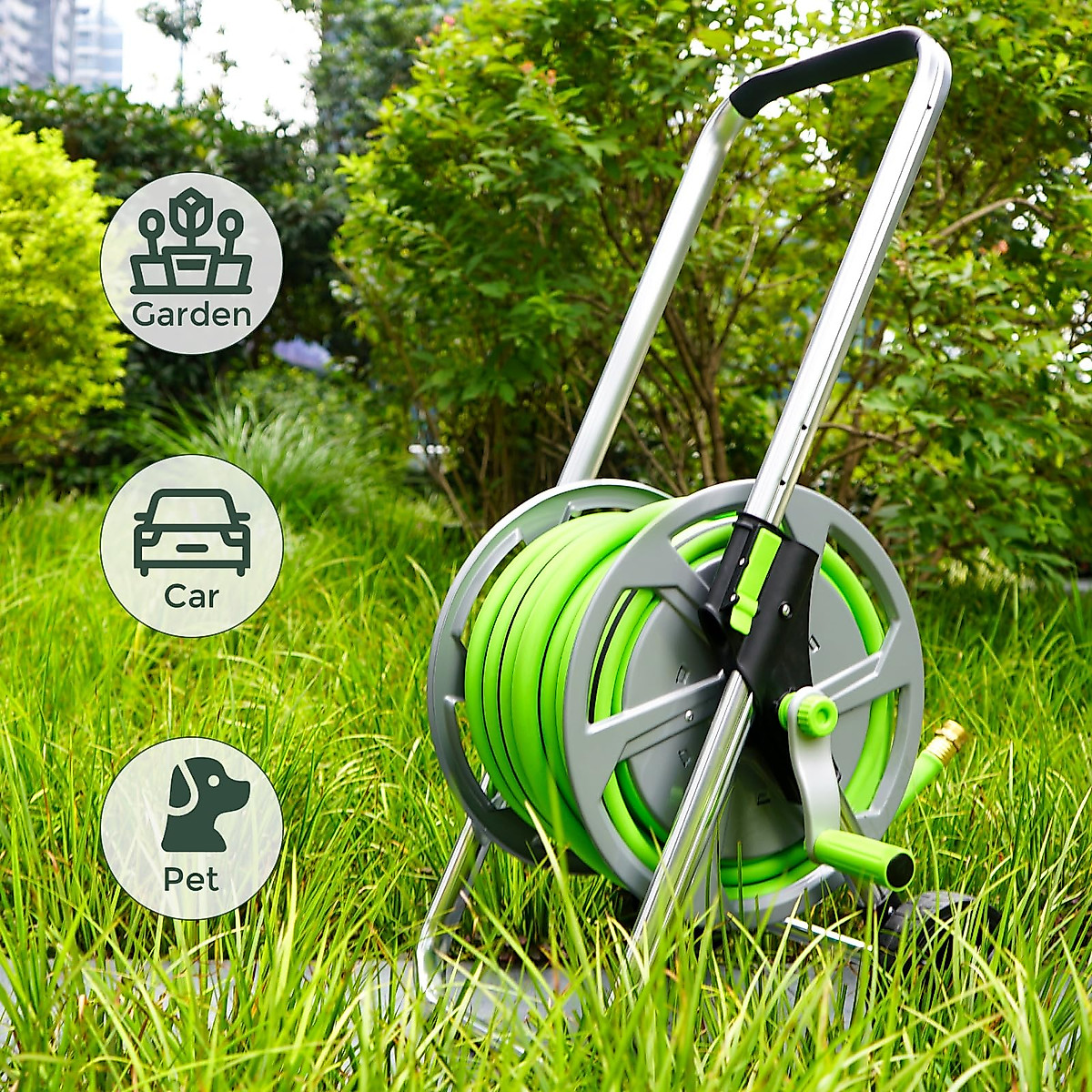 YESTAR Garden Hose Reel Cart Portable Hose Cart Hold 130 FT Hose Of 5/8 IN Heavy Duty Powder-coated Metal Water Hose Holder with Wheels For Outside Yard Lawn