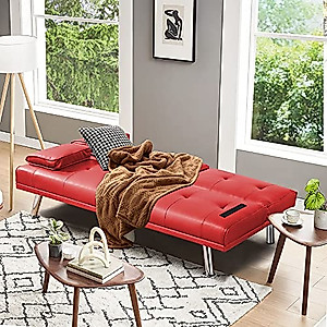 DKLGG Convertible Futon Sofa Bed, Reclining Lounge Couch Sofa with Armrests, 2 Cup Holders Faux Leather Upholstered and Metal Legs Sleeper Sofa Perfect for Living Room, Small Space, Apartment