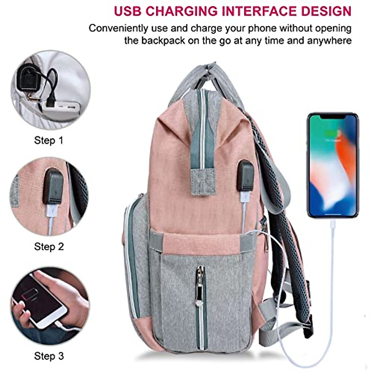 Mr. Peanut's Tili Dili Premium Diaper Backpack with USB Charging Port (Blush Pink With Gray)