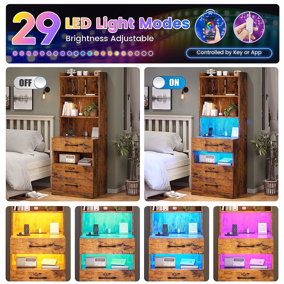 AOGLLATI Tall Night Stand with Charging Station and LED Lights, Nightstand with 3 Drawers, Bedside Table with Bookshelf, Modern End Side Table for Bedroom, Rustic Brown