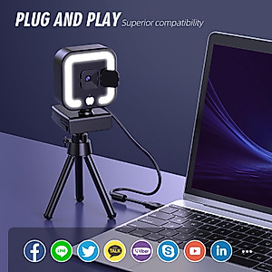 Hemisol 4K Webcam, Web Camera with Microphone and Fill Light, HD Autofocus Computer Camera with Privacy Cover and Tripod Stand Streaming Webcam,Plug&Play USB Wbcam for Pc Laptop Desktop Video Calling