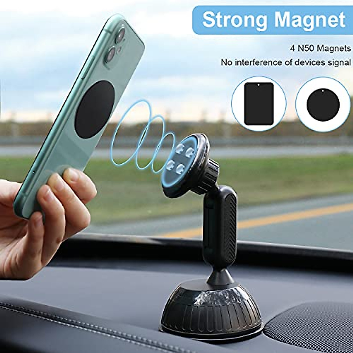 SALEX Magnetic Phone Mount with Suction Cup for Car Dashboard, Windshield. Black Cell Phone Holder in Car. Universal Adjustable, Rotatable Mobile Phone Bracket for Gadgets, Smartphones, Tablets, GPS.