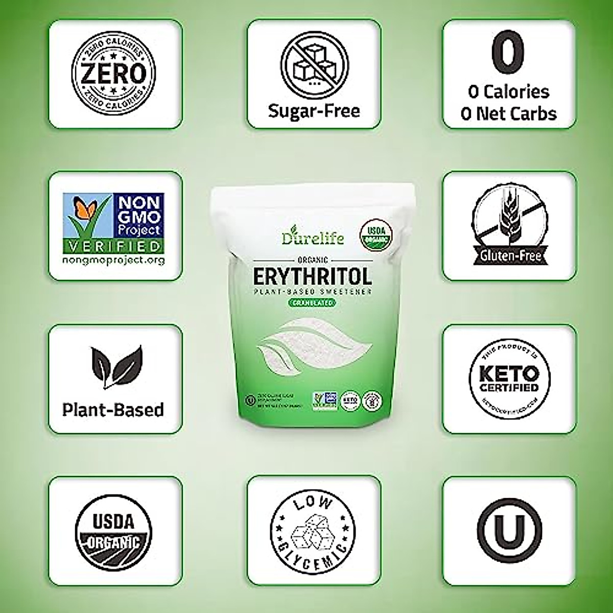 Durelife USDA organic erythritol sweetener, non gmo verified, Keto certified, No After Taste, Kosher, Zero Calorie Plant-Based Sugar Alternative (1, 5 LB (80 oz))