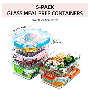 HAKEEMI 5-Pack,3 Compartment Glass Meal Prep Containers Set,34oz, Divided Food Storage Containers with Lids, Glass Lunch Box with 3 Dividers