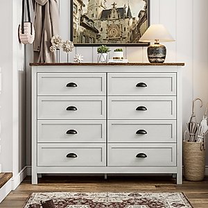 Wananlanen Farmhouse White Dresser for Bedroom, Vintage 8 Drawer Dresser & Chest of Drawer with Metal Handle and Storage, Wood Rustic Dresser Organizer for Living Room, Hallway