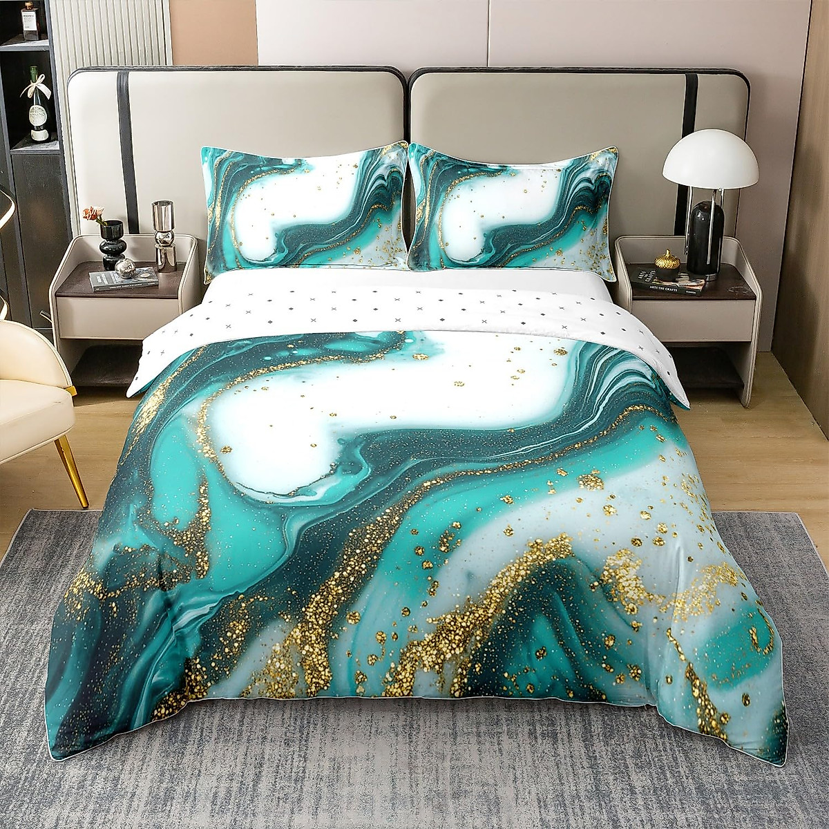 Erosebridal Teal Marble Duvet Cover Twin,Gold Glitter Turquoise 100% Organic Cotton Bedding Set,Stone Marble Bed Sets with 1 Pillowcase for Boys Girls,Tie Dye Fluid Magma Abstract Art Comforter Cover