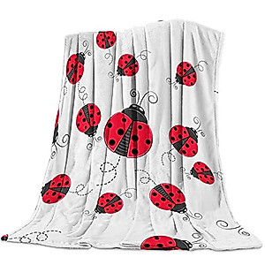 GreaBen Super Soft Bed Blanket Flannel Fleece Throw-Blankets for Women Men,Red Ladybug Cartoon White Pattern,Full Size Blankets for Bedroom Living Room Bed Sofa Couch,49x59inch