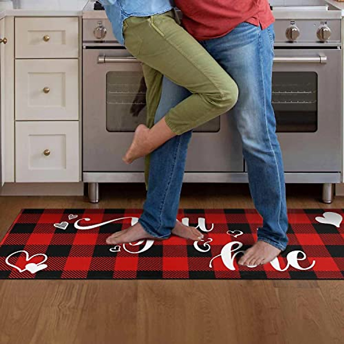 Xsinufn Valentines Day Kitchen Mat Set 2 Piece,Valentines Day Buffalo Plaid Decorative Kitchen Rugs,Valentines Hearts Low-Profile Kitchen Mats for Home Kitchen (17"x48"+17"x30" Be Mine)