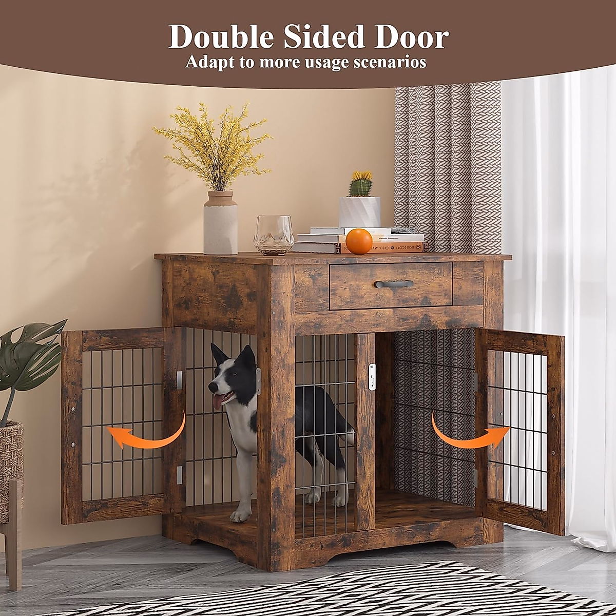 Rovibek Waterproof Dog Crate Furniture with Storage, Brown, Heavy Duty Metal Mesh and Wooden Countertop