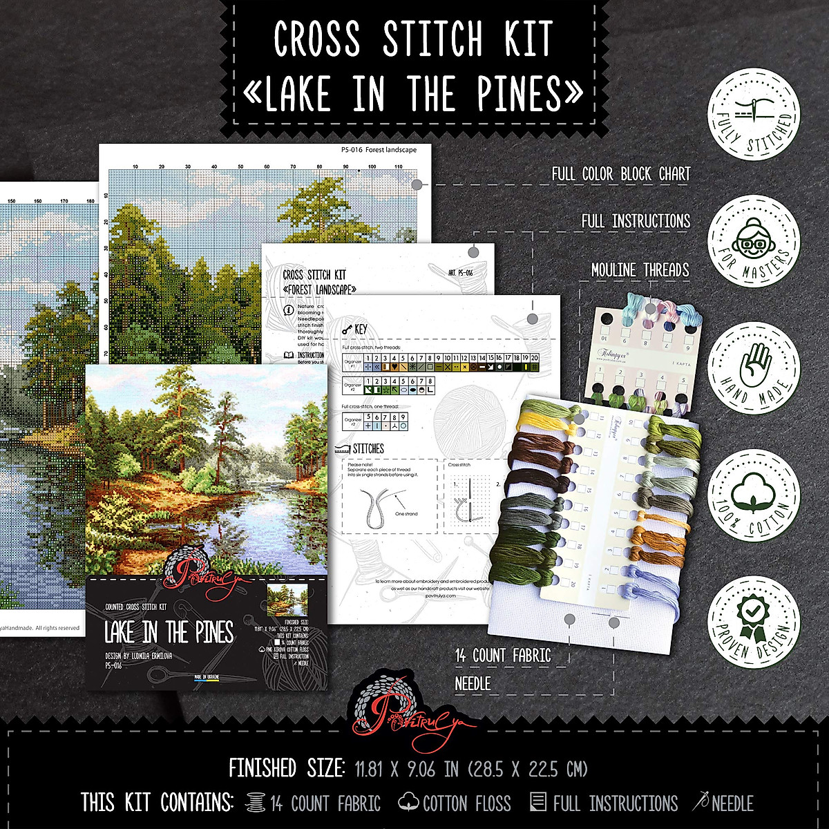 Povitrulya Lake Amid Pines - Counted Cross Stitch Kit with Forest Landscape Pattern
