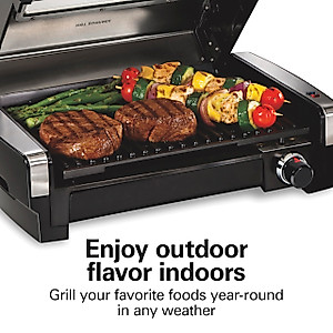 Hamilton Beach Electric Indoor Searing Grill with Adjustable Temperature Control to 450F, 118 sq. in. Surface Serves 6, Removable Nonstick Grate, Viewing Window, Stainless Steel