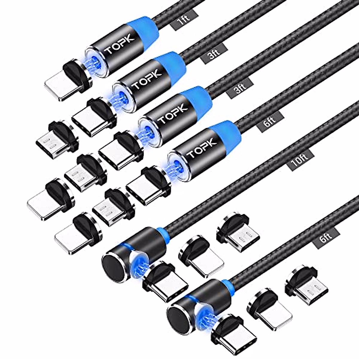 TOPK Magnetic Charging Cable, Magnetic Phone Charger [6-Pack,1ft/3ft/3ft/6ft/6ft/10ft],3-in-1 Magnetic USB-A to Micro USB,USB C Cable Compatible with Android Devices (Black)