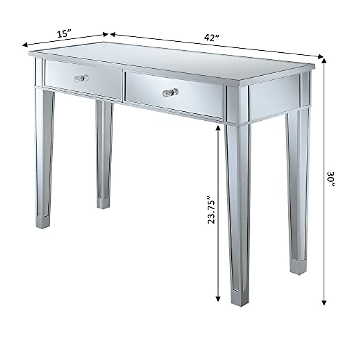 Convenience Concepts Gold Coast Mirrored Desk 42" - Console Table with 2 Drawers for Storage in Living Room, Office, Silver/Mirror