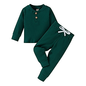 fhutpw Toddler Boy Fall Clothes 2T 3T 4T 5T Outfits Winter Long Sleeve Knitted Cotton Tops & Pants Sets Solid Color (A-Green, 2-3T)