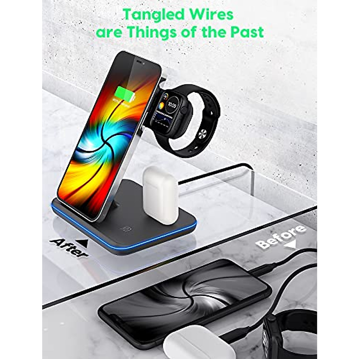 Wireless Charging Station, 2023 Upgraded 3 in 1 Wireless Charger Stand with Breathing Indicator Compatible with iPhone 14/13/12/11 Pro/XS, AirPods 3/2/1/pro 2, iWatch Series 8/7/6/5/4/3,Samsung Phones