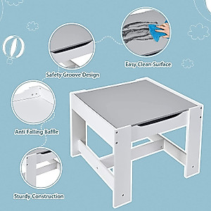 Fireflowery, 3-in-1 Wooden Activity w/Storage Drawer & Detachable Blackboard, 3-Piece Square Children Art Desk, Toddler Table&Chairs Kids Table and Chair Set, Large, Grey