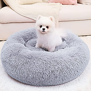 WAYIMPRESS Calming Dog Bed for Small Dog & Cat,Washable Plush Round Pet Puppy Bed with Fluffy Faux Fur for Anti Anxiety and Cozy (20x20 Inch, Grey)