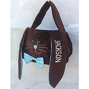 Personalized Easter Basket (Blue Chocolate) Plush Easter Basket Tote Bunny Bucket Embroidered with Kids Name