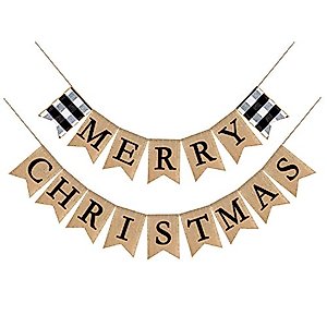 Adurself Merry Christmas Burlap Banner Buffalo Check Plaid Rustic Vintage Christmas Bunting Garland for Xmas Party Supplies Home and Outdoor Holiday D¨¦cor