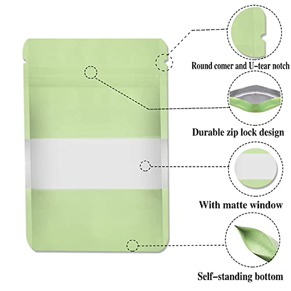 100 Pcs Resealable Bags, Stand-up Food Storage Bags with Clear Window, Sealable Zip Lock Self Sealing Bags for Packaging Products (Light green 4.7 x 7.8 In)