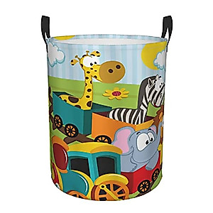Laundry Basket,Cartoon Baby Safari Wild Animals In A Train With Striped Backdrop Toys Artwork,Large Canvas Fabric Lightweight Storage Basket/Toy Organizer/Dirty Clothes Collapsible Waterproof For College Dorms-Large