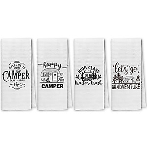 Dibor Happy Camper Funny Camping Kitchen Towels Dish Towels Dishcloth Set of 4,Campsite Cabin RV Decorative Absorbent Drying Cloth Hand Towels Tea Towels for Bathroom Kitchen,Campers Gifts