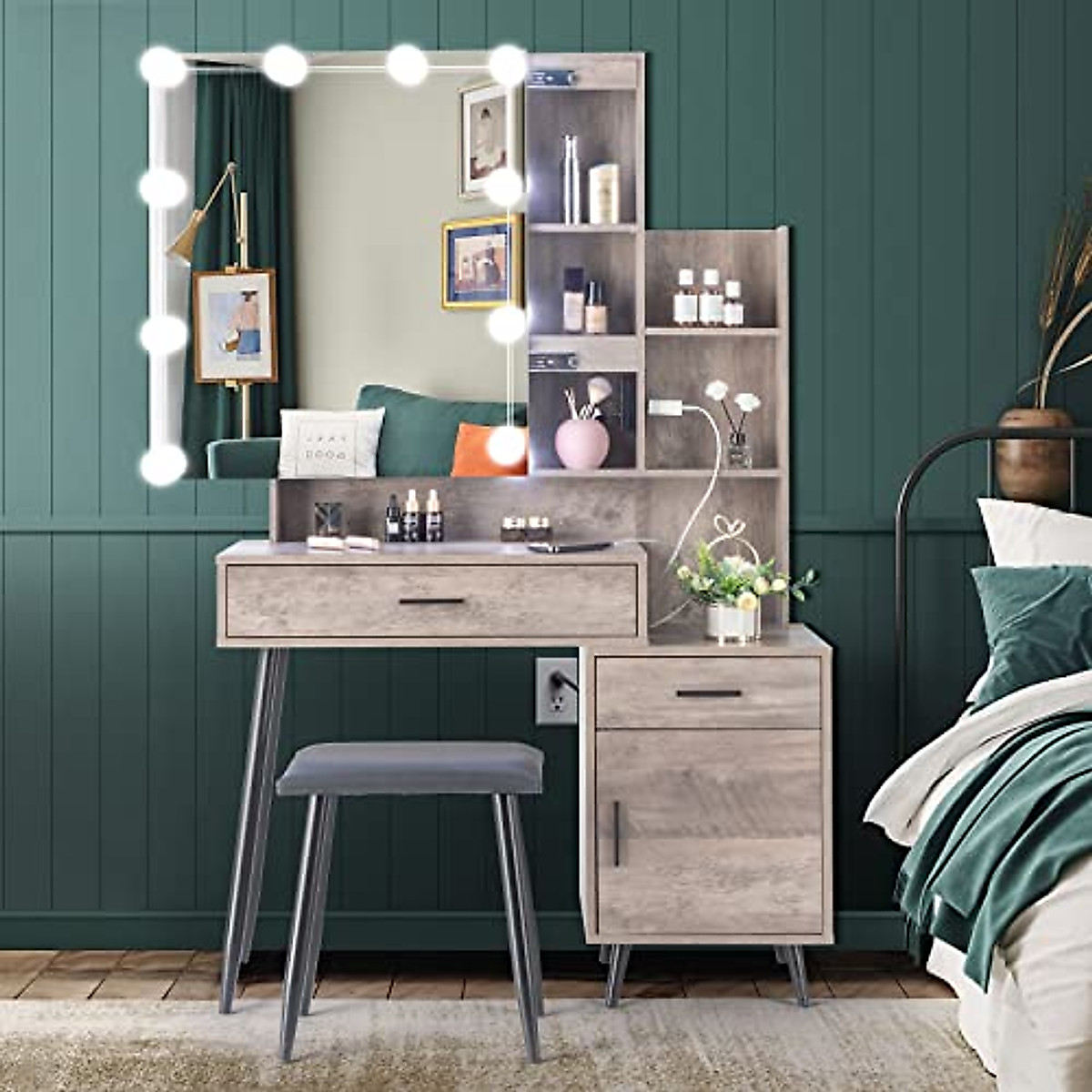 3-color Lighted Mirror Cabinet with Stool - Vanity Desk and Cushioned Chair - Sliding Mirror Makeup Desk - 2 Drawers 1 Door Cabinet 2 Shelves - Charging Station - Screen Touch Switch - Retro Grey