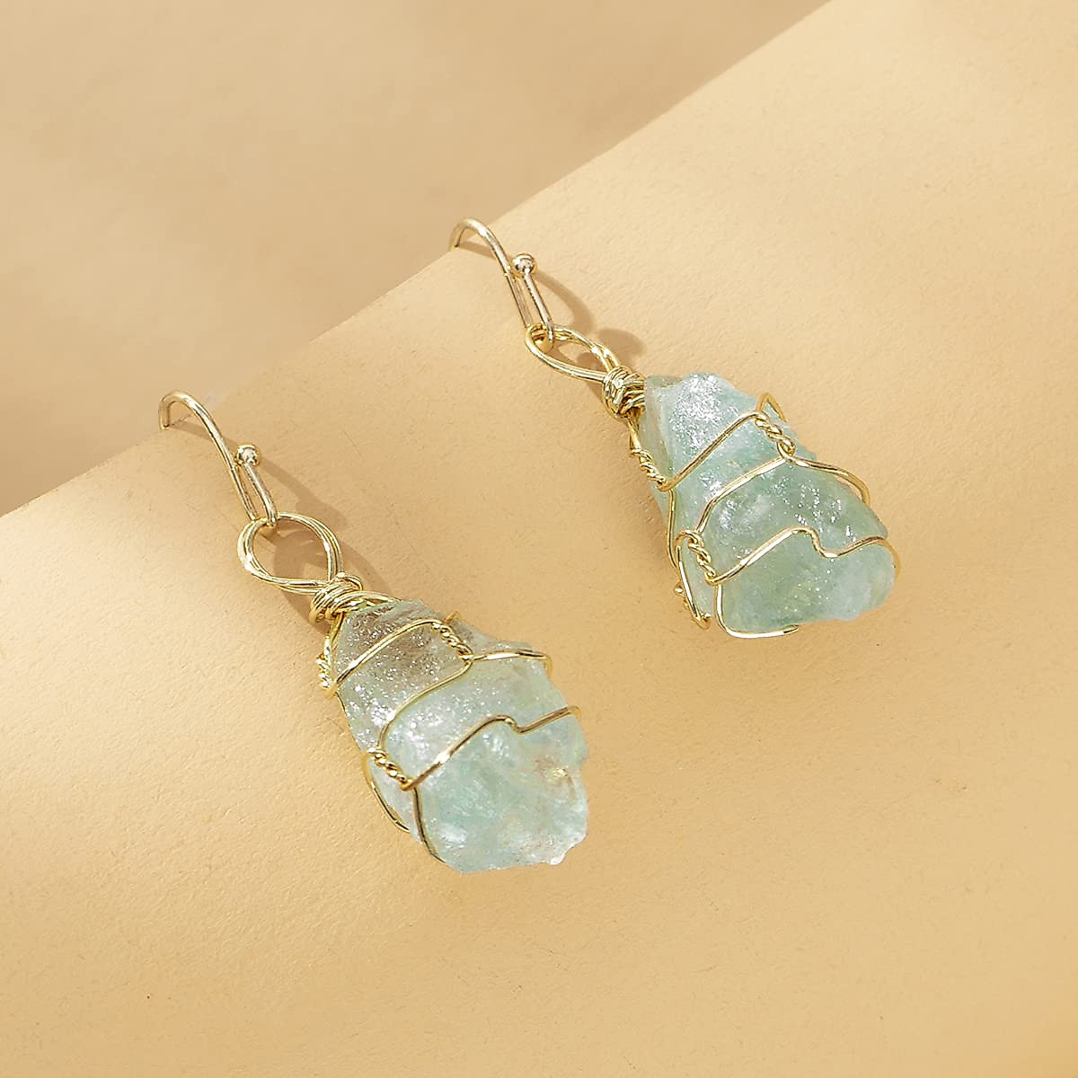 Green Fluorite Earrings, Raw Green Fluorite Earrings, Dangle Earrings, Delicate Stone Charm Gold Plated Drop Earrings, Wire wrapped crystal, Gemstone earrings