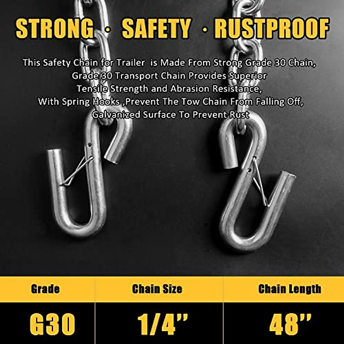 AYMMIC 1/4'' x 48''Trailer Safety Chain with 2 Latches S Hook,3,500Lbs Capacity,G30,Secures Tow Vehicle to Trailer,for RV, Trailer, Truck,and Boat Towing