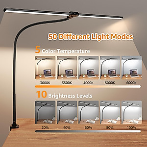 ShineTech Led Desk Lamp for Office Home, Bright Double Head Desk Light with Clamp, Architect Task Lamp 50 Lighting Modes Adjustable Flexible Gooseneck