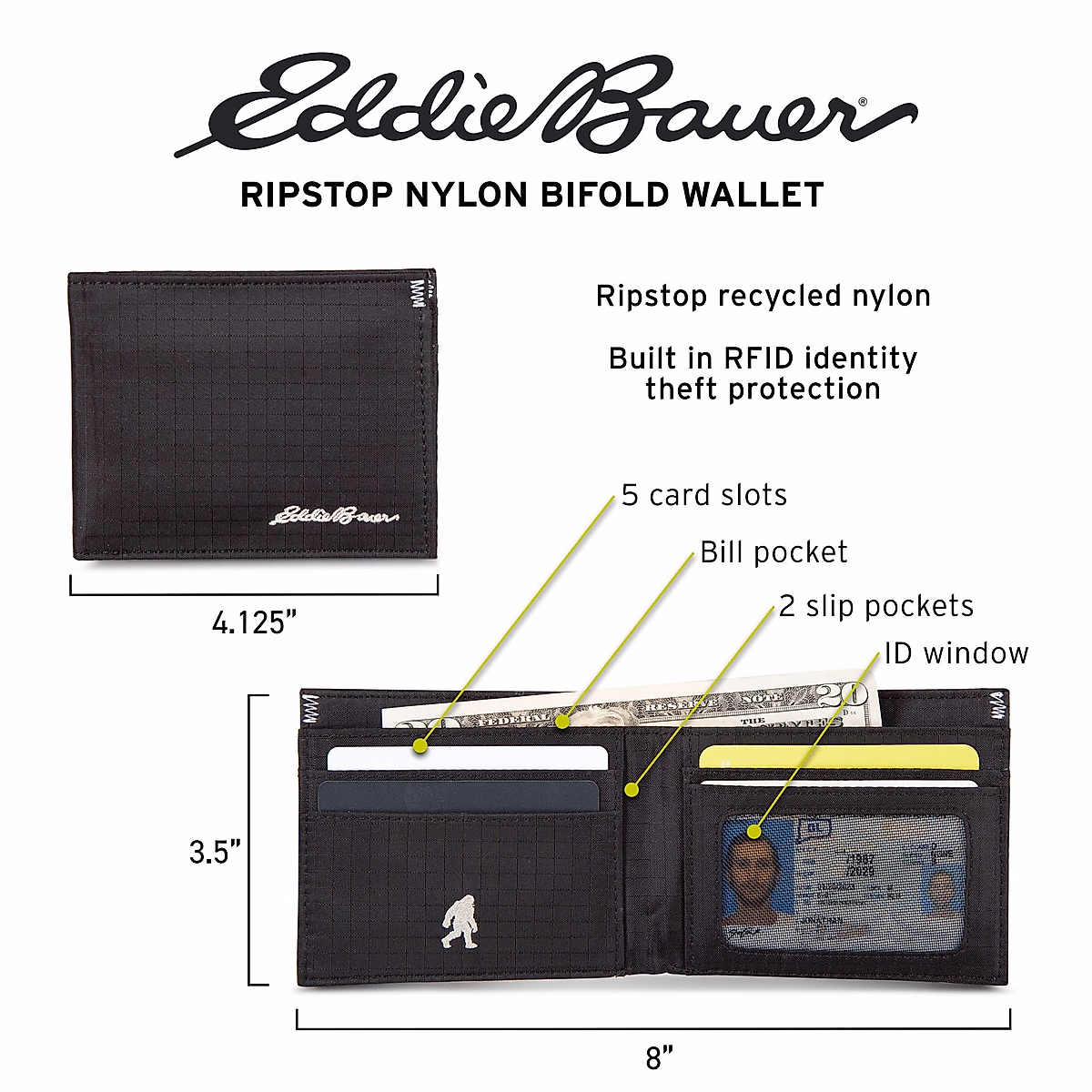 Eddie Bauer Men Signature Bifold Passcase Wallet (Available in Cotton Canvas, Ripstop Nylon-Black, One Size