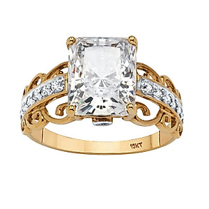 PalmBeach 10K Yellow Gold Emerald Cut Cubic Zirconia Scrolling Band Engagement Ring Sizes 5-10 Size 8