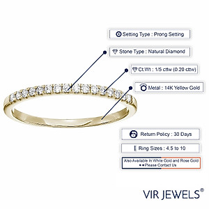 Vir Jewels 1/5 cttw Pave Round Diamond Wedding Band for Women in 14K Yellow Gold Prong Set, Size 6.5